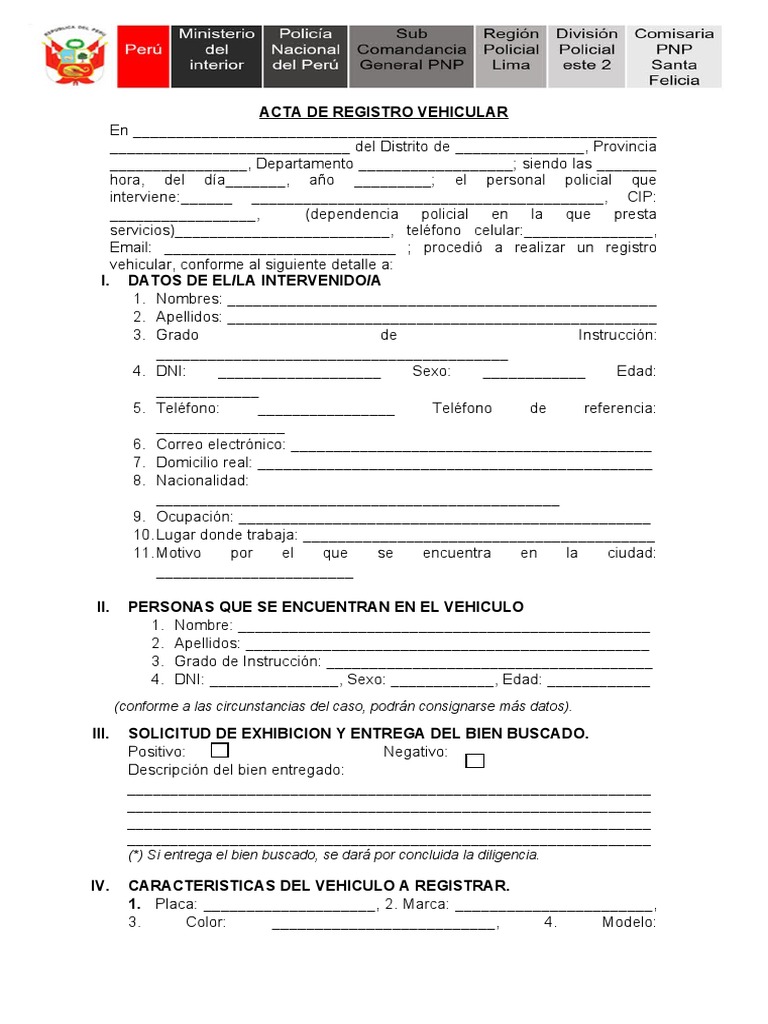 Hojas De Registro De Vehículos Policiales