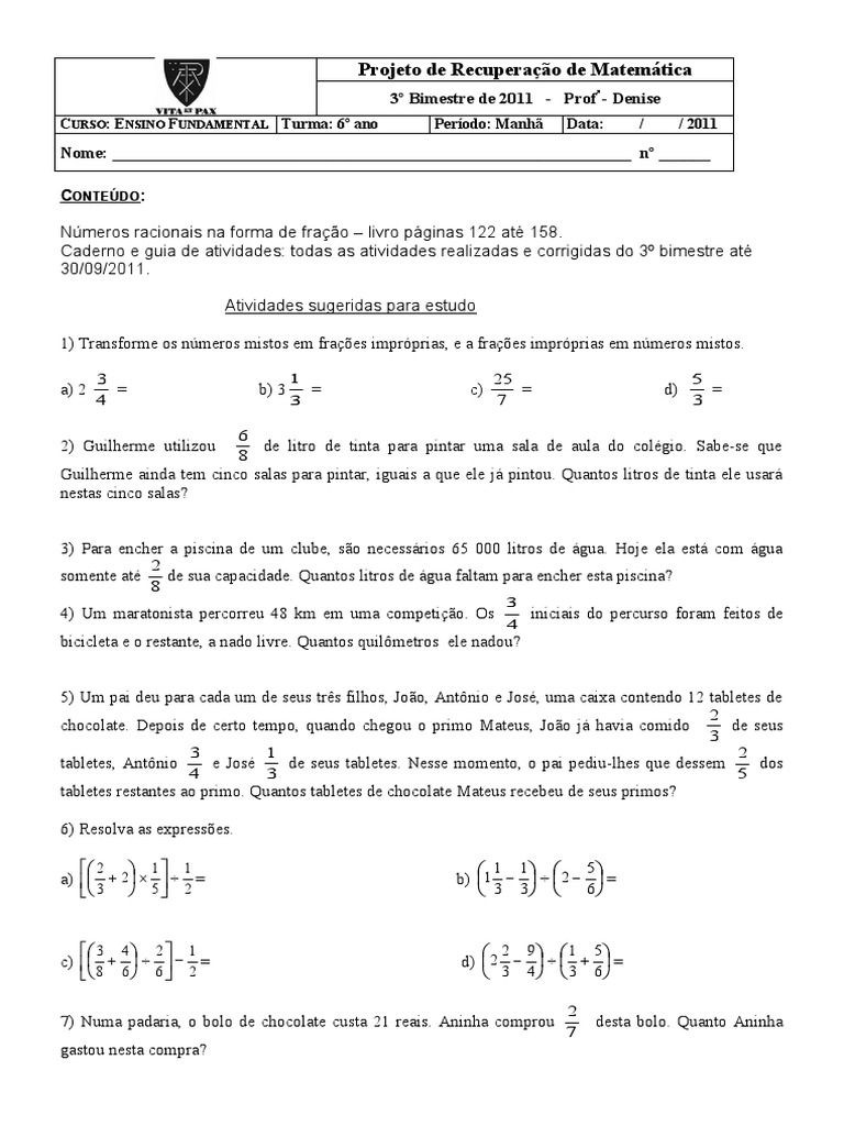 6 Ano Roteiro Matematica | PDF