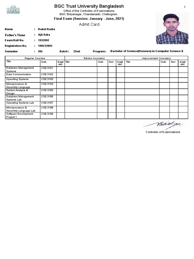 Admit Card: Final Exam (Session: January - June, 2021) | PDF