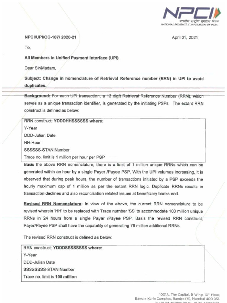 OC 107 Change in Nomenclature of Retrieval Reference Number RRN in UPI ...