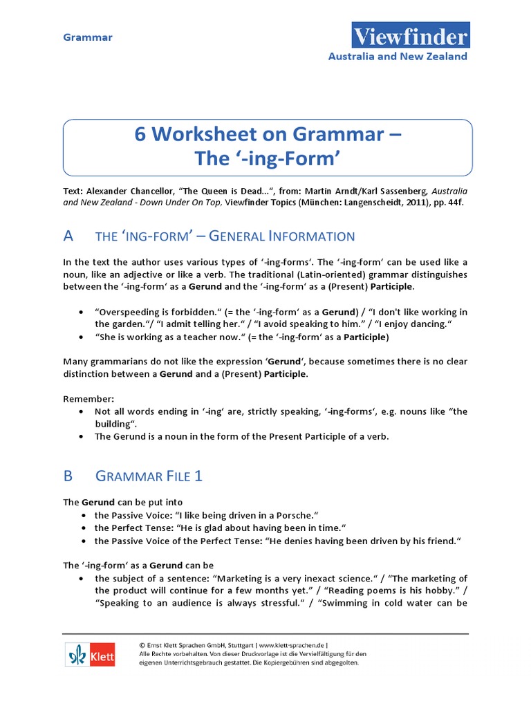 6 Worksheet On Grammar - The Ing Form' | PDF | Language Arts & Discipline