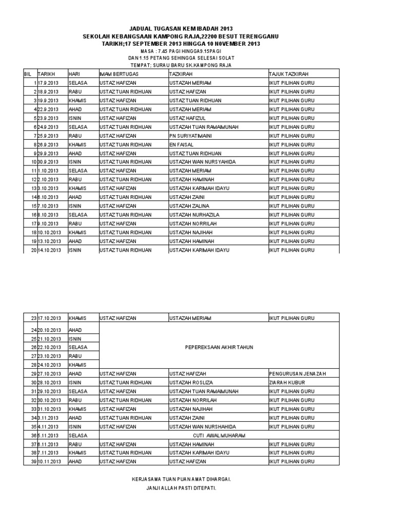 Jadual Kem Ibadat | PDF