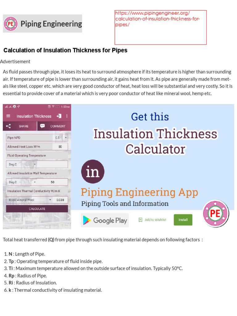 Calculation of Insulation Thickness For Pipes The Piping Engineering ...