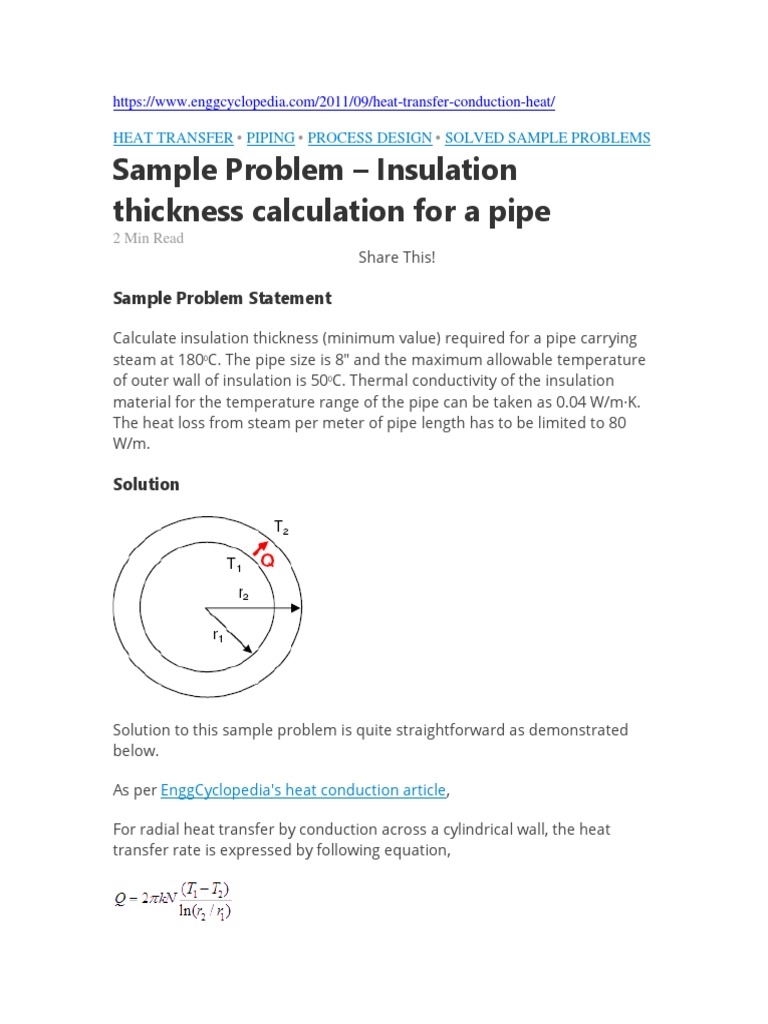 Sample Problem - Insulation Thickness Calculation For A Pipe | PDF ...