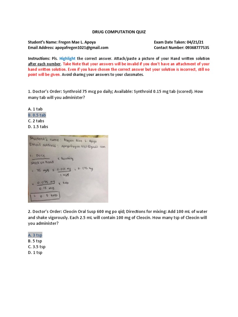 Dosage & Calculation Quiz for Oral Liquid Drugs Nursing Students | PDF ...