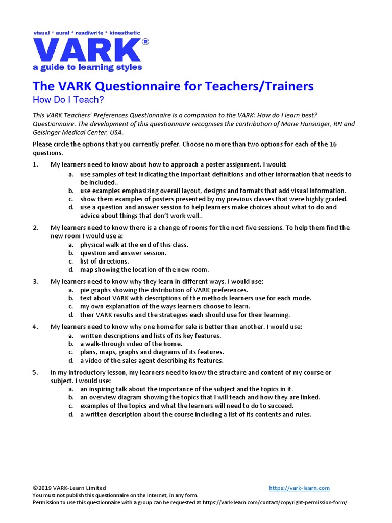 The VARK Questionnaire For Teachers/Trainers: How Do I Teach? | PDF ...