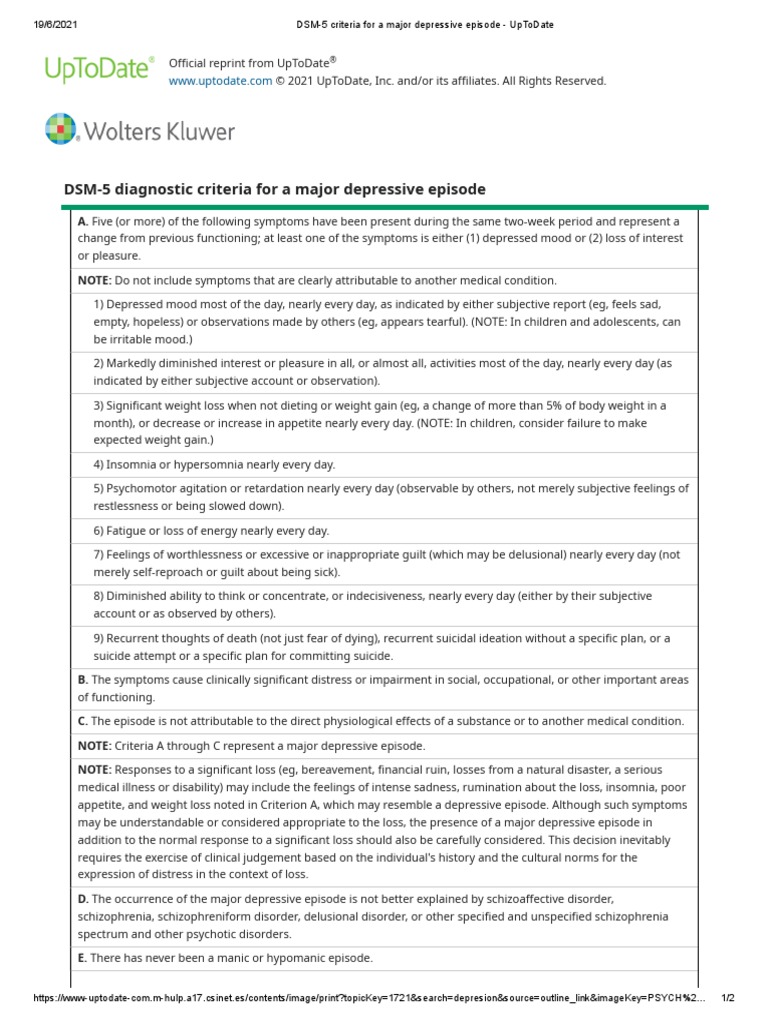 DSM-5 Criteria For A Major Depressive Episode - UpToDate | PDF | Major ...