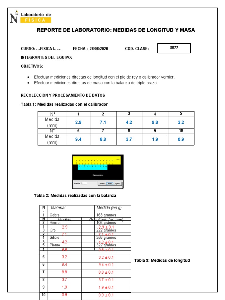 Reporte de Laboratorio Medidas de Longitud y Masa | PDF | Observación ...