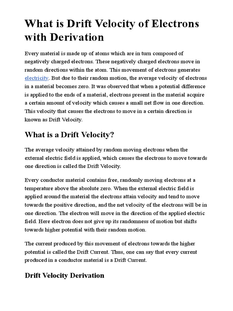 Drift Velocity Derivation and Formula | PDF | Electric Current | Electron
