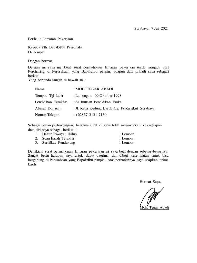 Lamaran Staf Purchasing Moh. Tegar Abadi | PDF