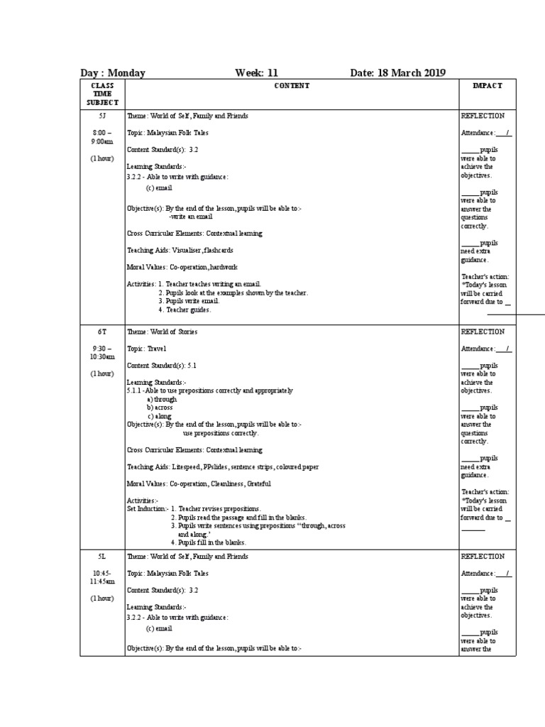 Lesson Plan Mon Week 11 | PDF | Teachers | Lesson Plan