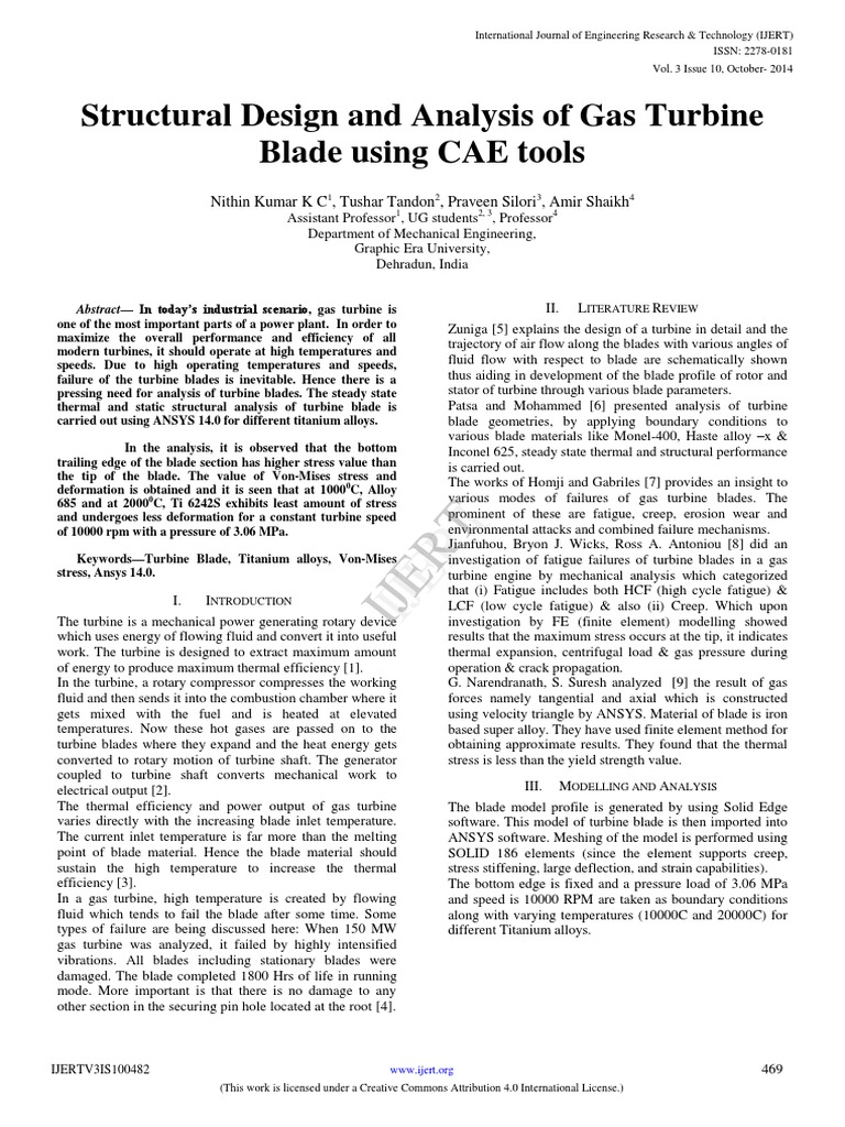 Structural Design and Analysis of Gas Turbine Blade Using Cae Tools IJERTV3IS100482 | PDF ...