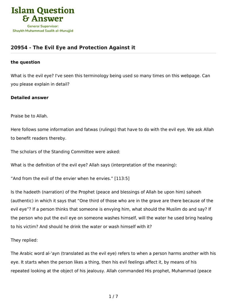 The Evil Eye and Protection Against It | PDF | Envy | Hadith