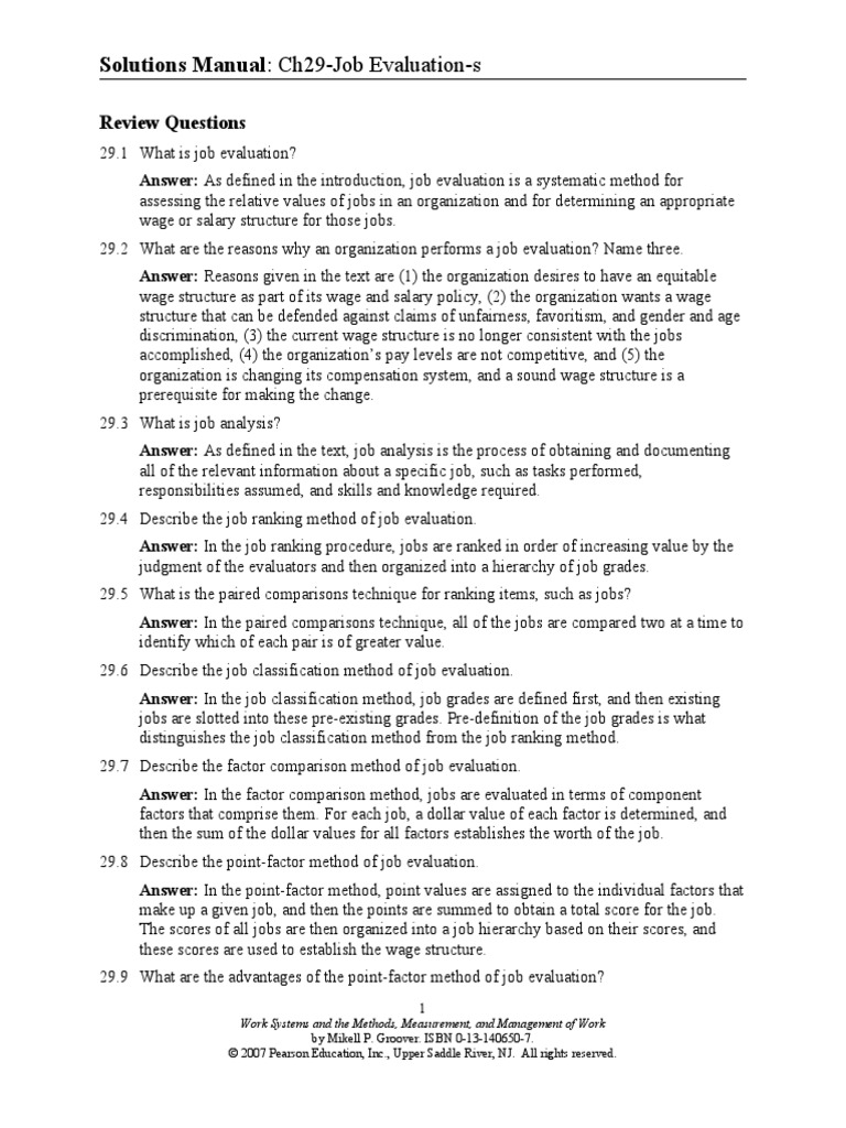 Solutions Manual: Ch29-Job Evaluation-S: Review Questions | PDF | Performance Appraisal | Evaluation