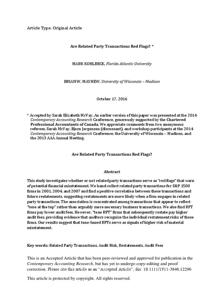 Kohlbeck2017 Are Related Party Transactions Red Flags | PDF | Financial ...
