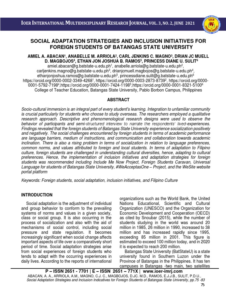 Social Adaptation Strategies and Inclusion Indicatives For Foreign ...
