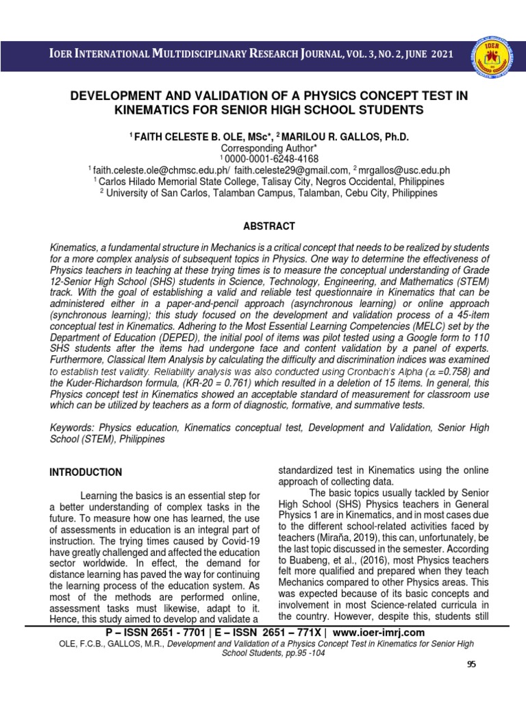 Development and Validation of A Physics Concept Test in Kinematics For ...