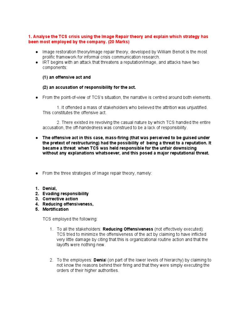 Analyse The TCS Crisis Using The Image Repair Theory and Explain Which ...