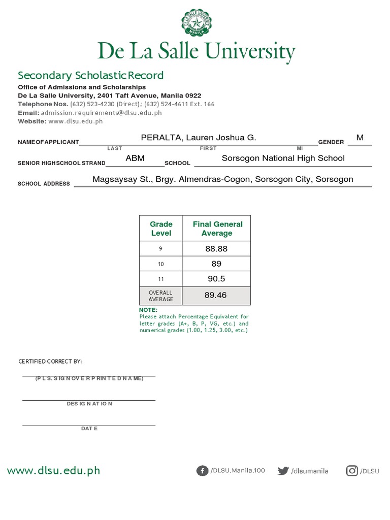 Admission Sec Scholastic Record | PDF