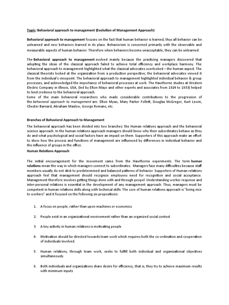 Behavioral Approach to Management Insights | PDF | Interpersonal ...