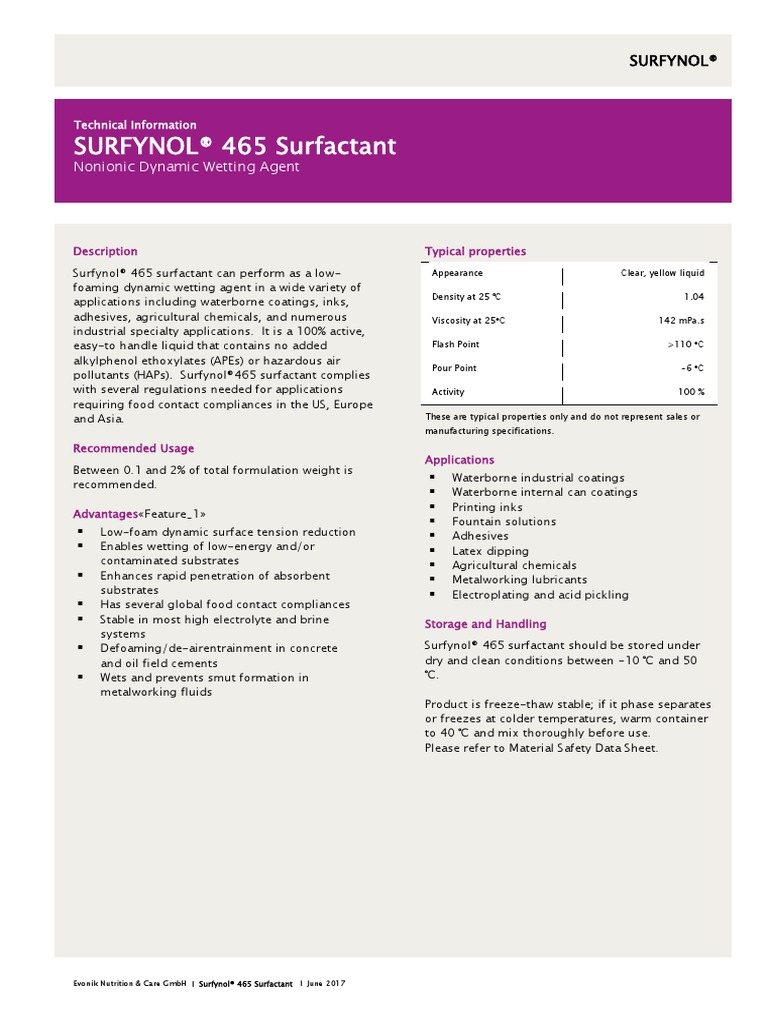 Surfynol - 465 - Surfactant 0617 EN OI | PDF | Wetting | Surfactant