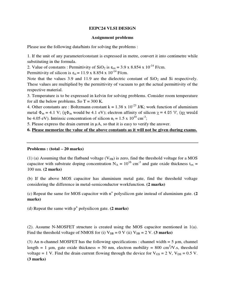 VLSI Design Assignment Problems | PDF | Mosfet | Field Effect Transistor