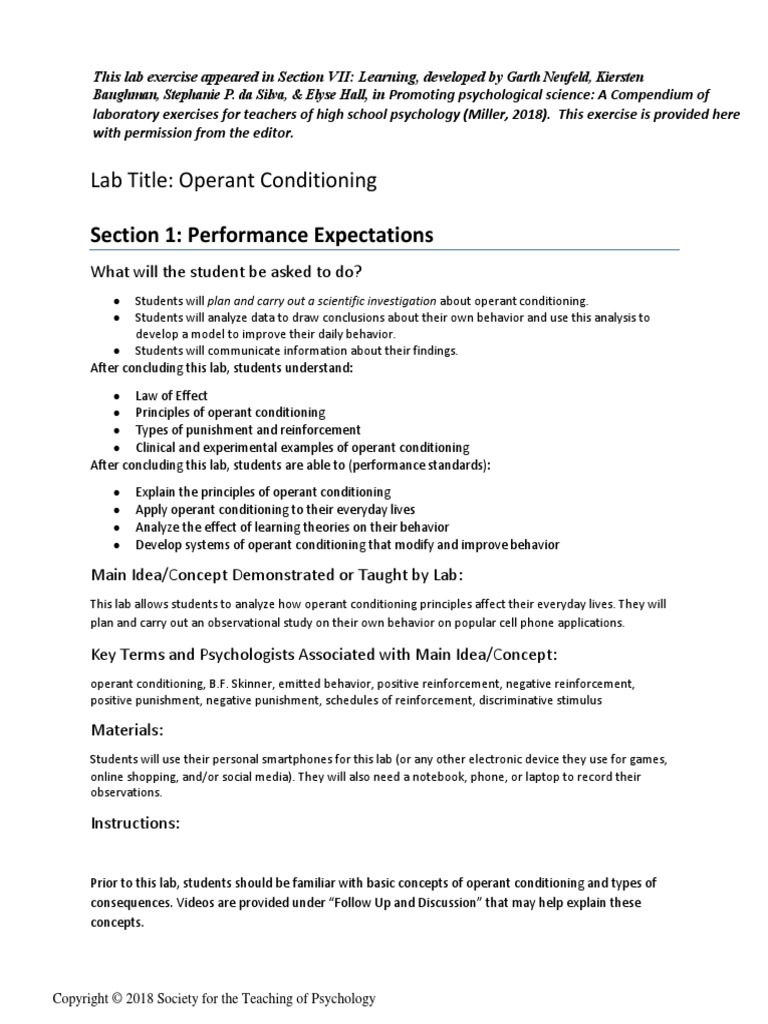 Lab Title Operant Conditioning Section 1 Performance Expectations