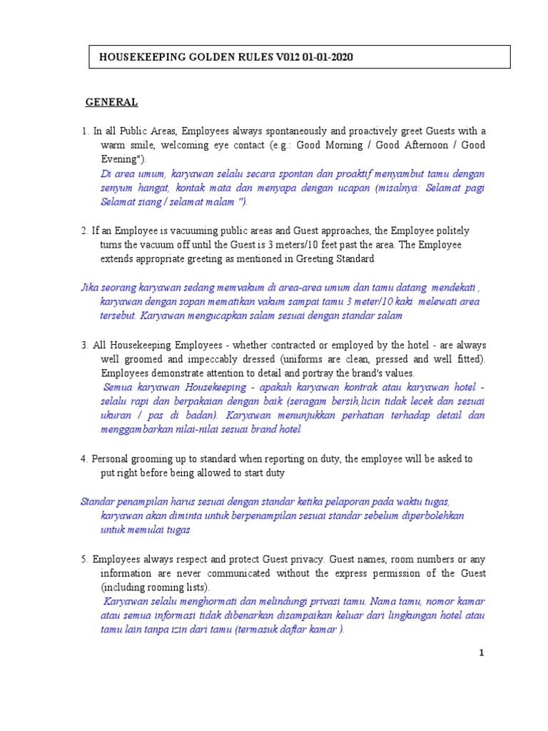 Housekeeping Golden Rules 2020 - Bilingual v012 01-01-2019 | PDF | Home ...