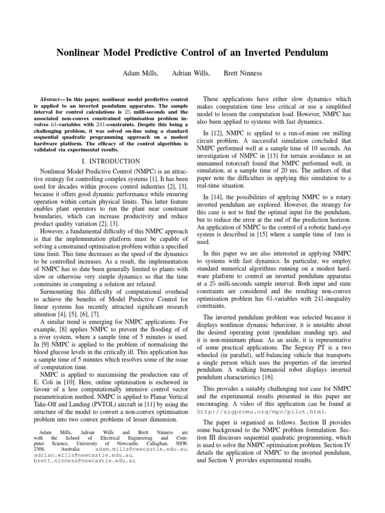 Nonlinear Model Predictive Control of An Inverted Pendulum | PDF