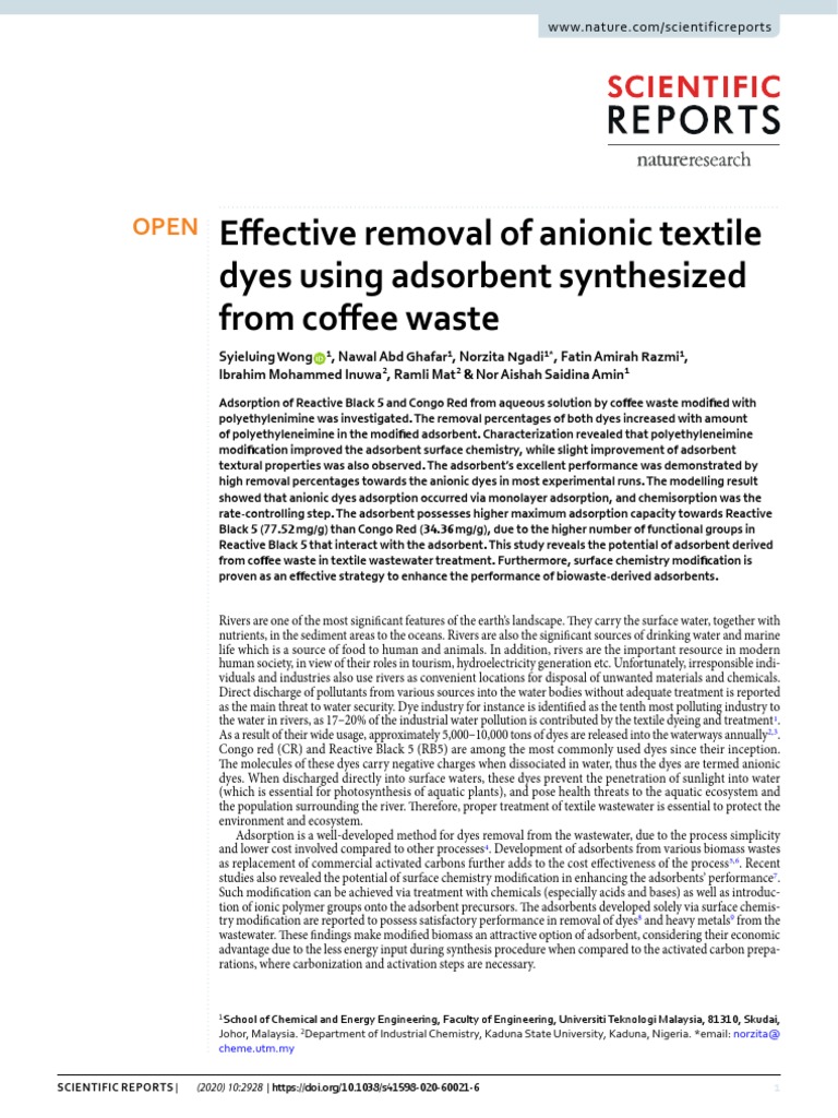 Effective Removal of Anionic Textile Dyes Using Adsorbent Synthesized ...
