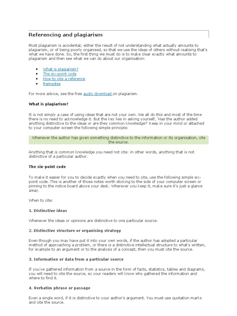 Referencing and Plagiarism: What Is Plagiarism? The Six-Point Code How ...