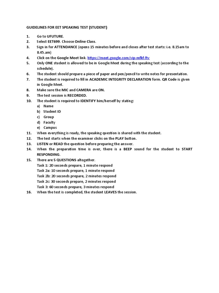 EET Speaking Test Guidelines for Students | PDF