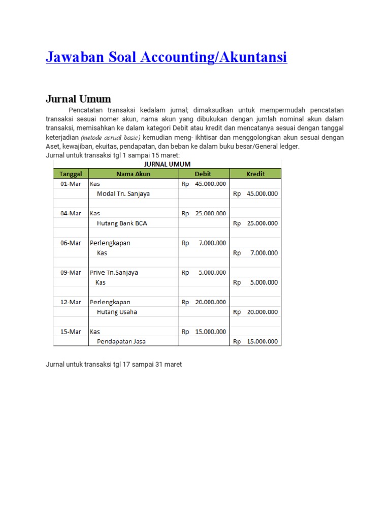 Jawaban Soal Accounting/Akuntansi: Jurnal Umum | PDF | Pengelolaan ...