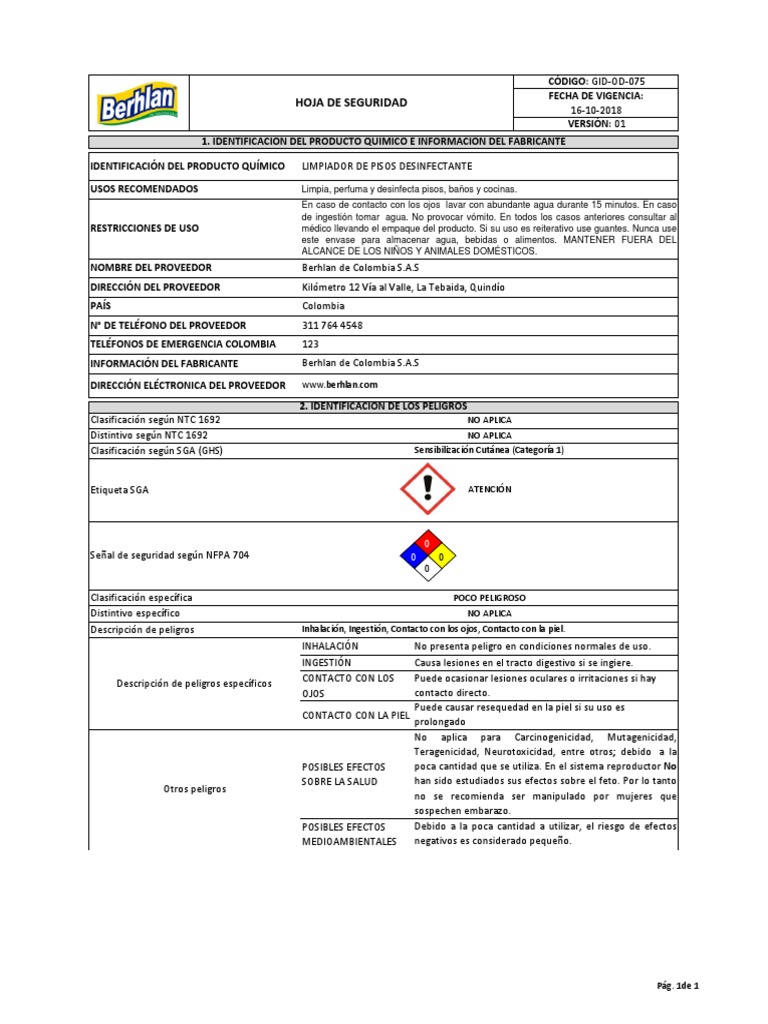 Gid-Od-075 Hoja de Seguridad Limpiador Desinfectante | PDF | Solubilidad | Agua