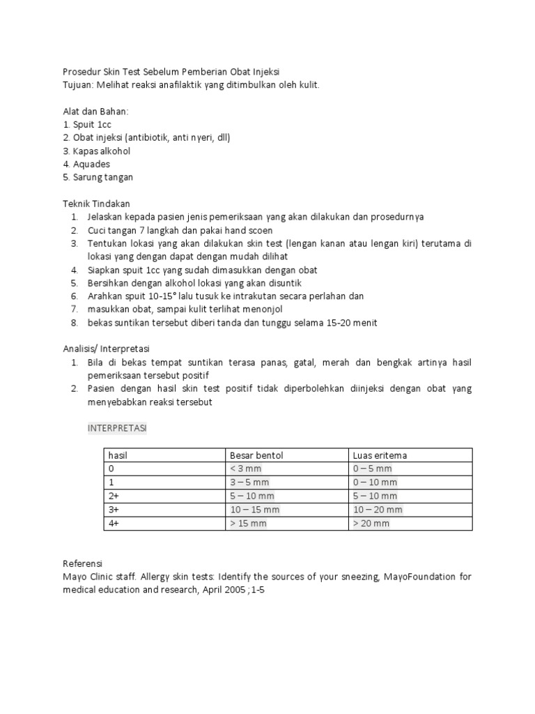Prosedur Skin Test Sebelum Pemberian Injeksi | PDF