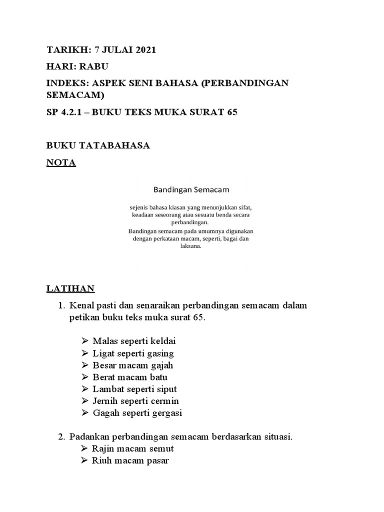 Aspek Seni Bahasa Tingkatan 1 Perbandingan Semacam | PDF