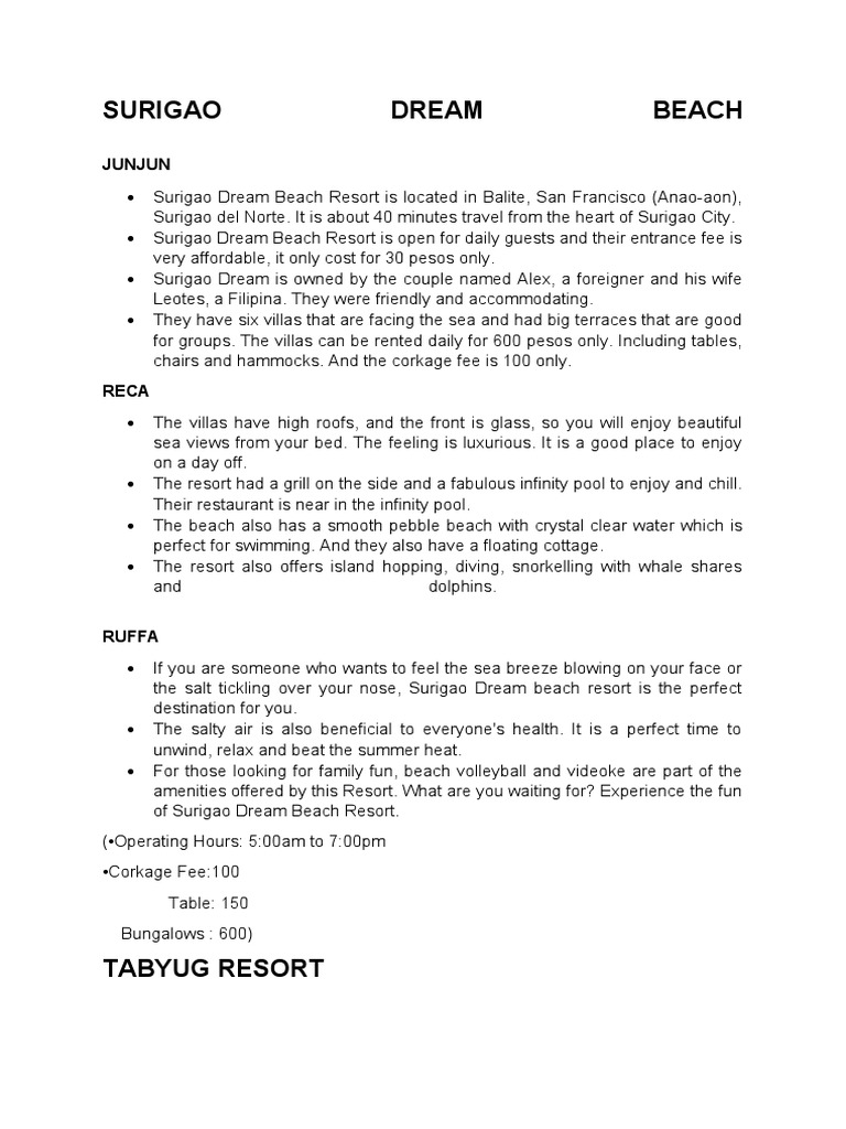 Surigao Dream Beach: Junjun | PDF | Resort | Hotel