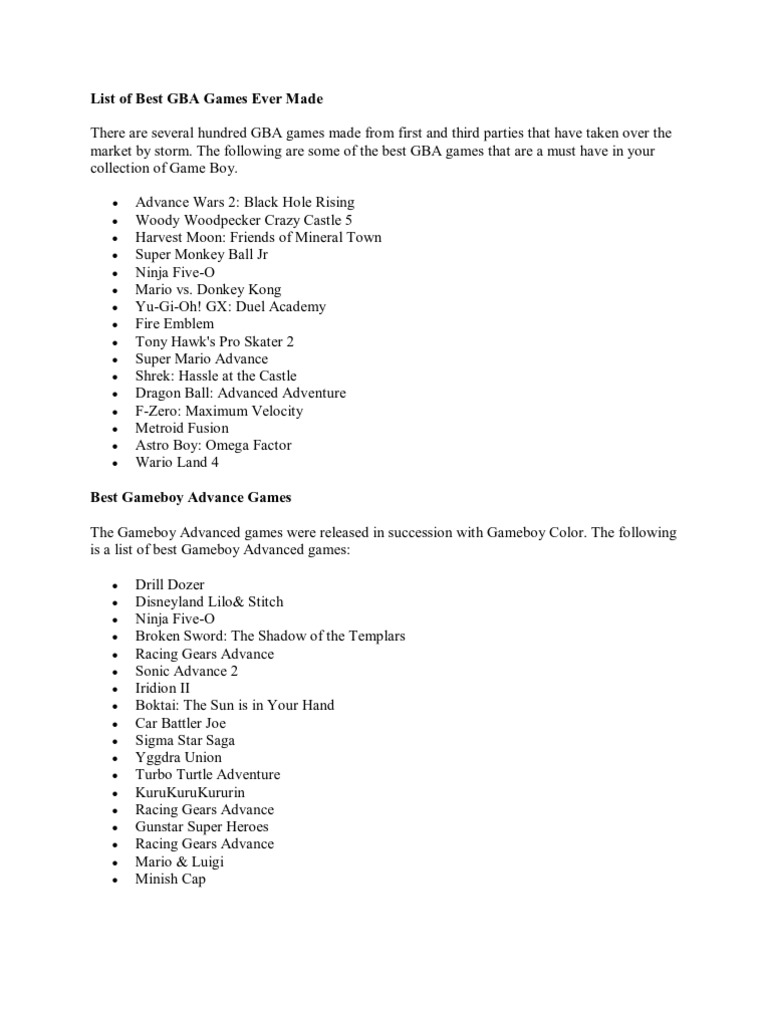 List of Best GBA Games Ever Made | PDF | Video Games | Nintendo
