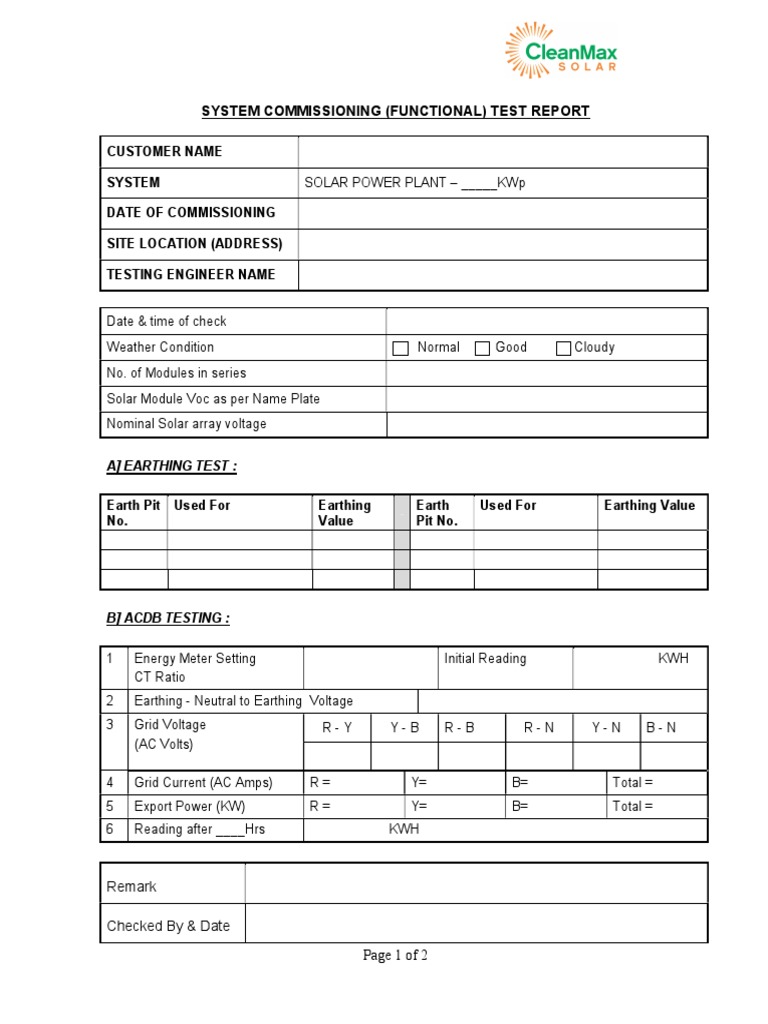 System Commissioning (Functional) Test Report | PDF | Solar Power ...