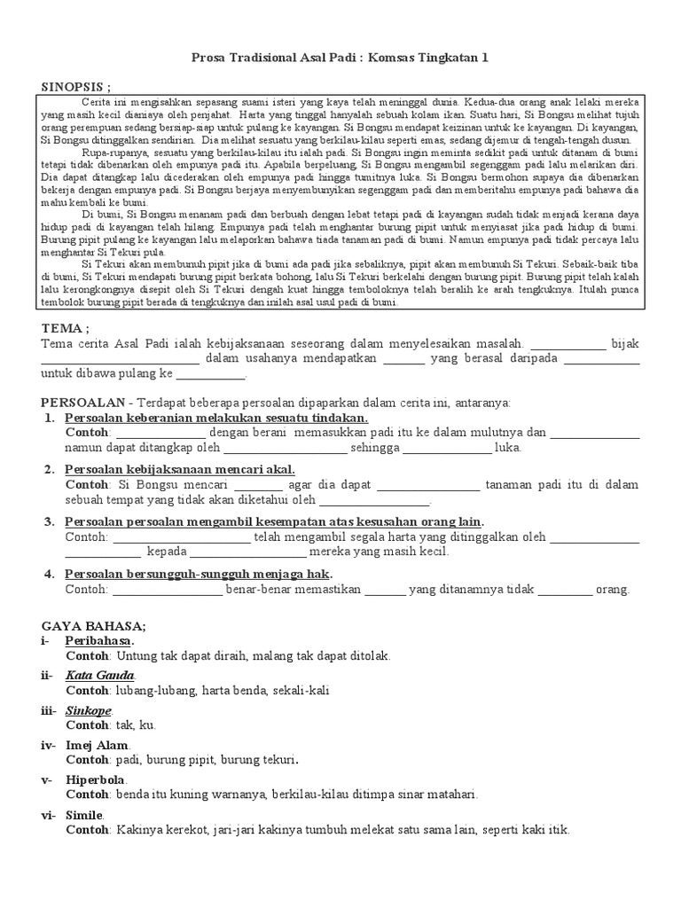 KOMSAS - Latihan Prosa Tradisional (Asal Padi) | PDF