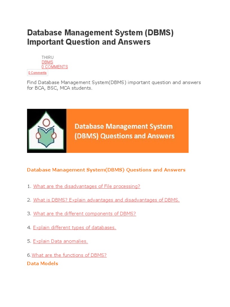 Database Management System (DBMS) Important Question and Answers | PDF | Relational Database ...