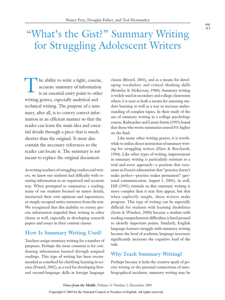 "What's The Gist?" Summary Writing For Struggling Adolescent Writers ...