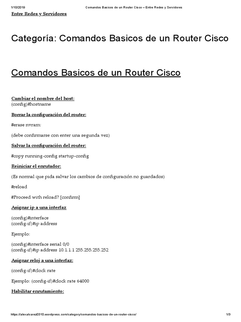 Comandos Basicos de Un Router Cisco - Entre Redes y Servidores | PDF | Enrutador (Computación ...