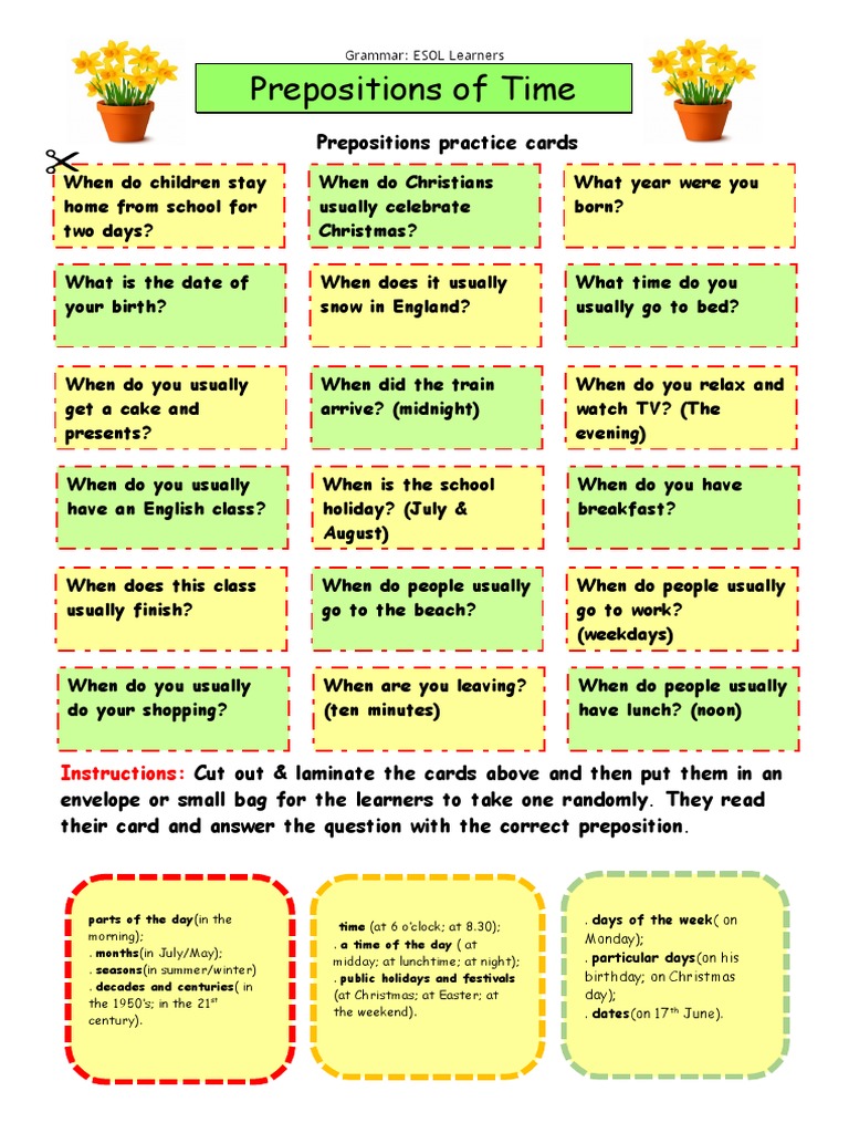 Preposition of Time Conversation Cards Grammar Drills - 105236 | PDF