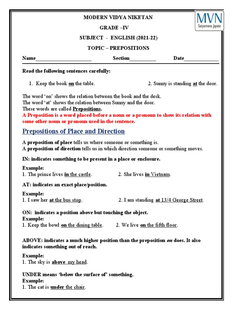 Prepositions Grade 4 2021-22 | PDF | Preposition And Postposition | Pronoun