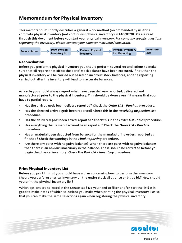 Memorandum For Physical Inventory: Reconciliation | PDF | Inventory ...