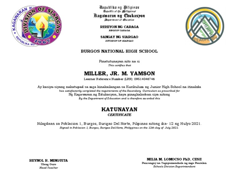 2020 Junior High School Certificate Of Completion Pdf