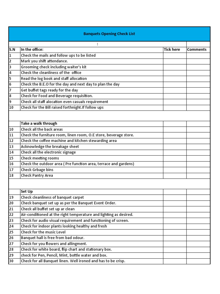 Banquets Opening Check List | PDF | Home | Food And Drink