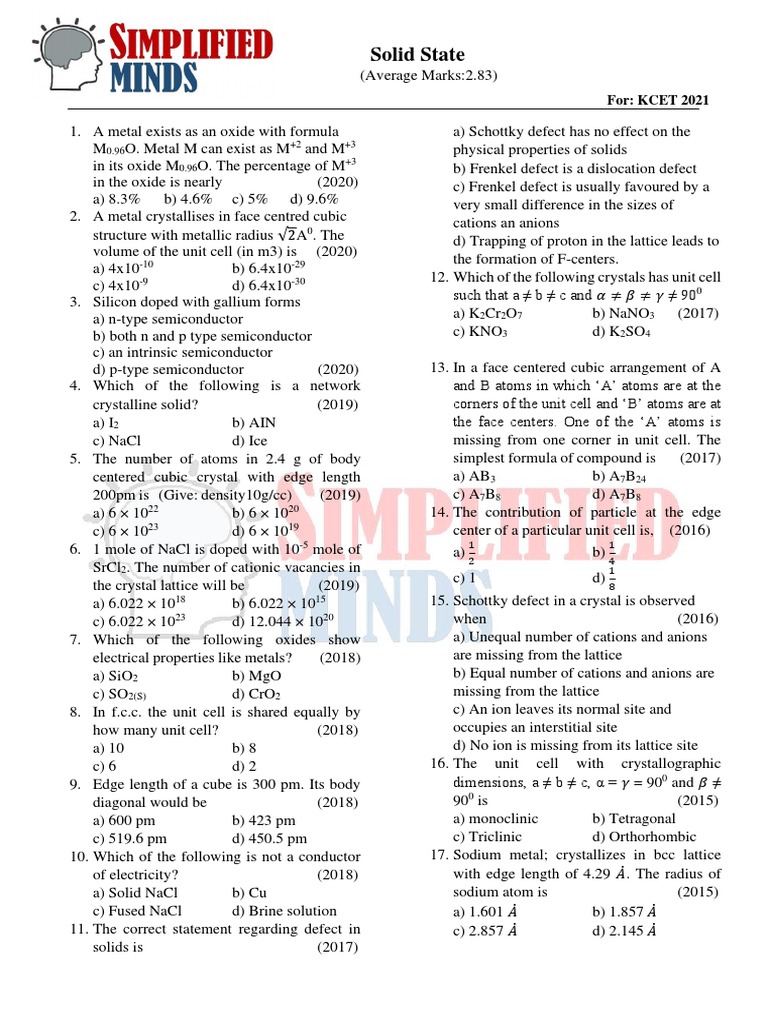 1.SolidState KCET PYQs | PDF | Crystal Structure | Semiconductors