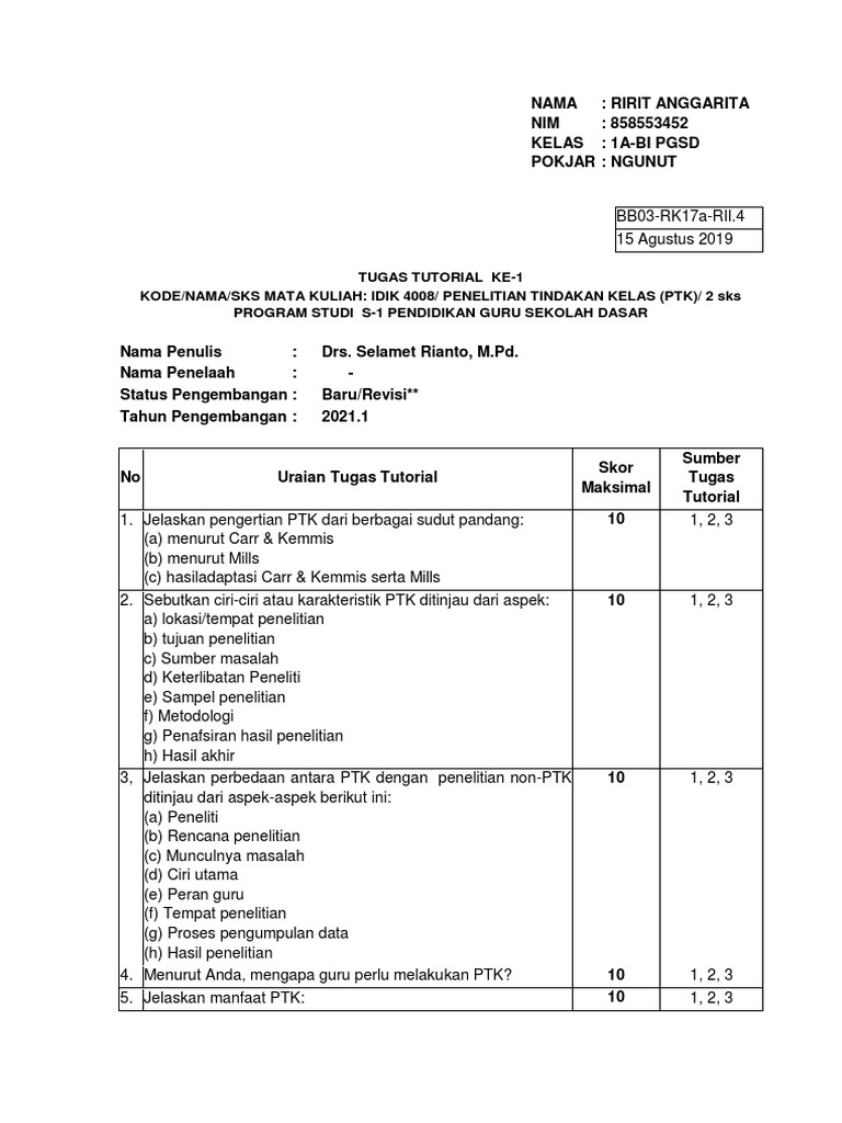 Tugas PTK Tutorial 1 Ririt Anggarita 858553452 1a Ngunut | PDF
